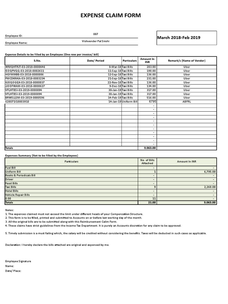 Expense Claim Form: March 2018-Feb 2019 | PDF | Taxicab | Invoice