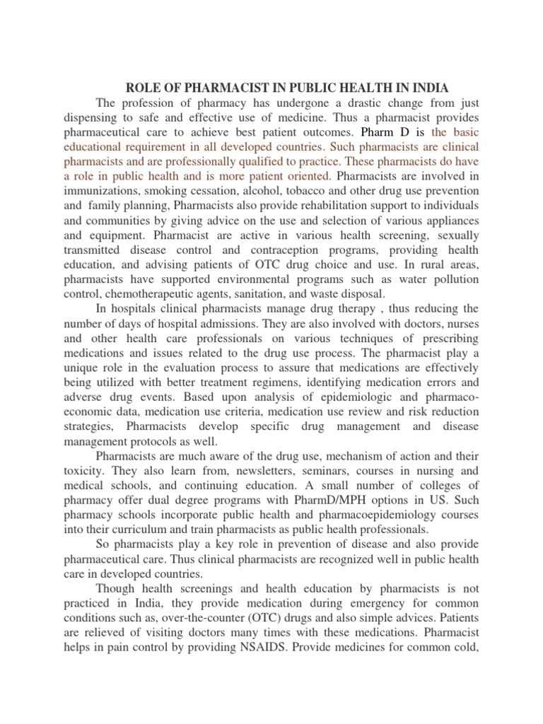 Role of Pharmacist in Public Health | PDF | Pharmacy | Pharmacist