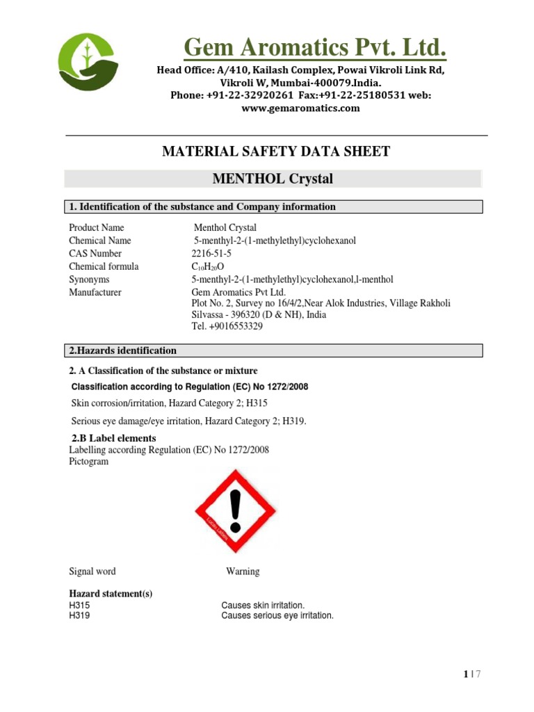 MSDS Menthol Cry | PDF | Carbon Dioxide | Personal Protective Equipment