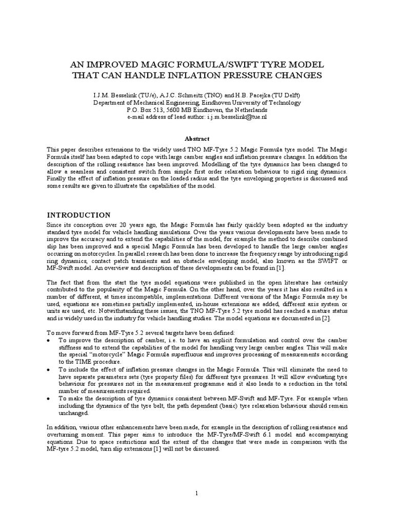 An Improved Magic Formula/Swift Tyre Model That Can Handle Inflation ...