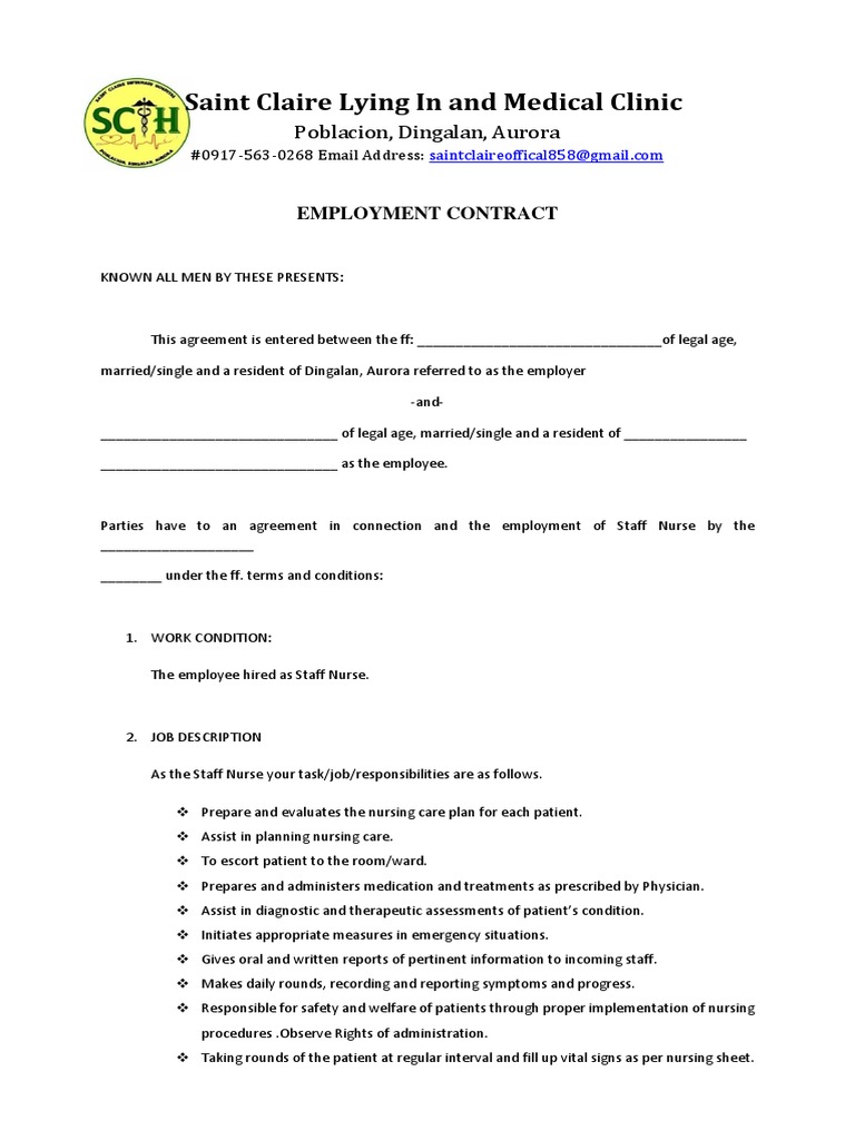 Employment Contract Staff Nurse 1 | PDF | Employment | Nursing