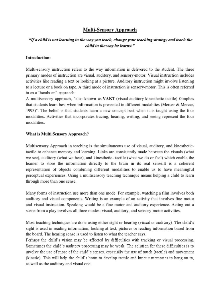 Multi-Sensory Approach Notes | PDF | Learning Disability ...