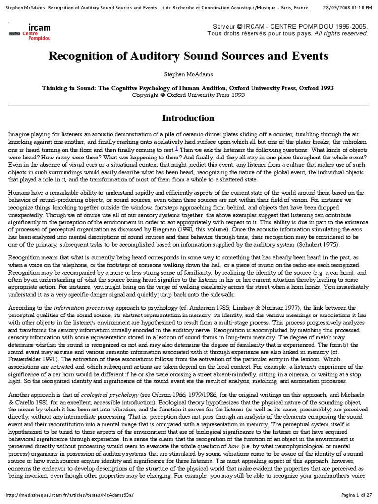 Recognition of Auditory Sound Sources and Events | PDF | Perception | Sound