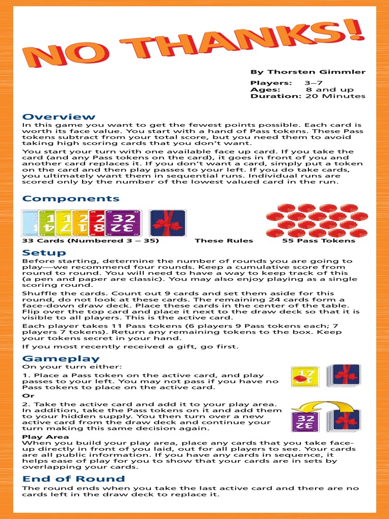 No Thanks! Rules PDF | PDF | Gaming Devices | Games Of Chance