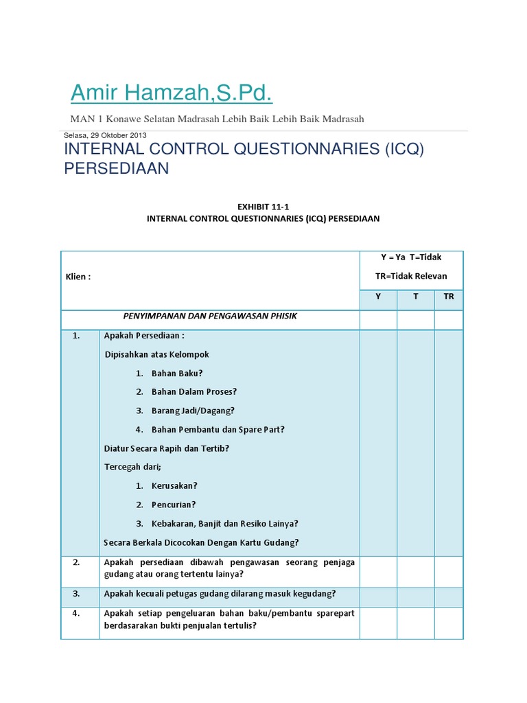 Amir Hamzah, S.PD.: Internal Control Questionnaries (Icq) Persediaan | PDF