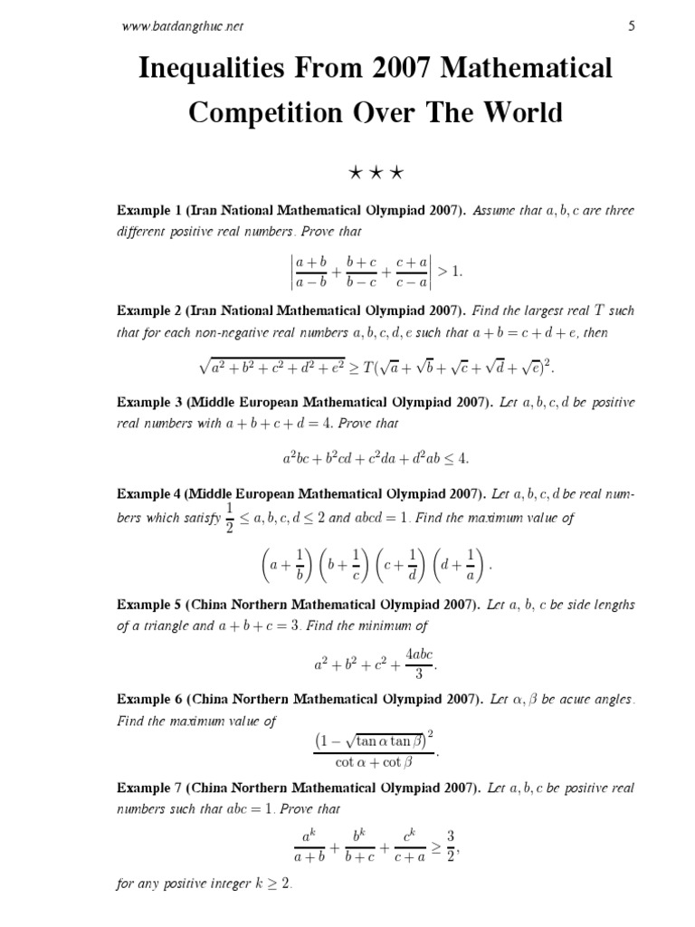 Inequalities From 2007 Mathematical Competition Over The World (40p) (2007) PDF | PDF ...
