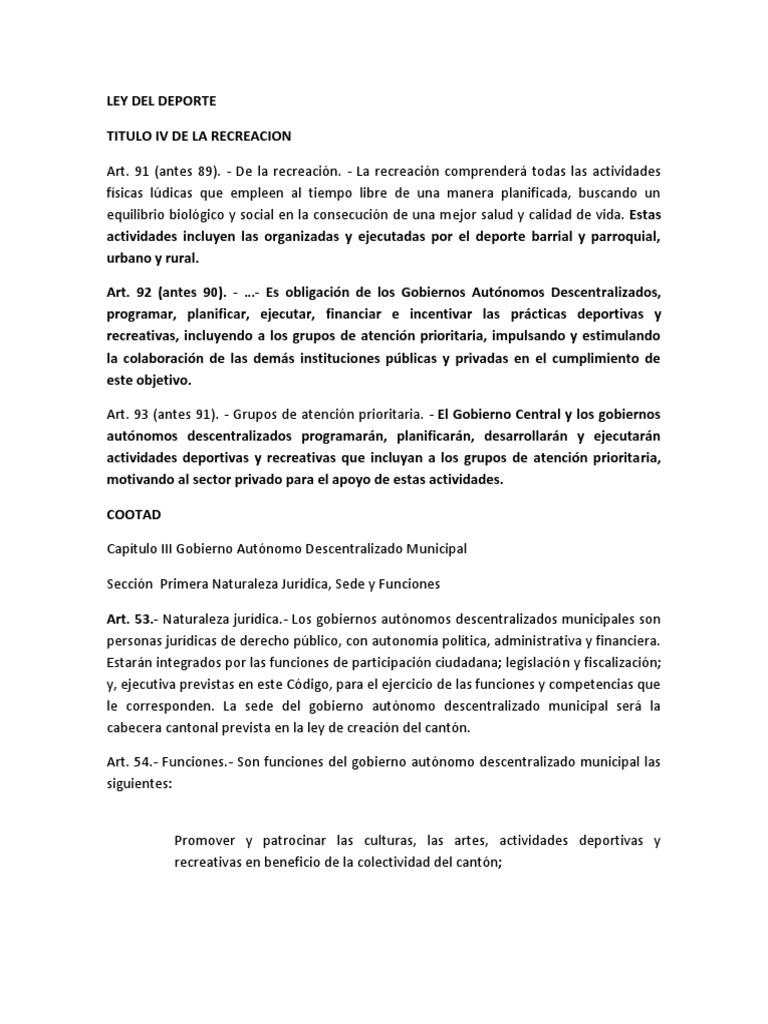 Ley del Cootad sobre Recreación y Deporte | PDF | Deportes ...