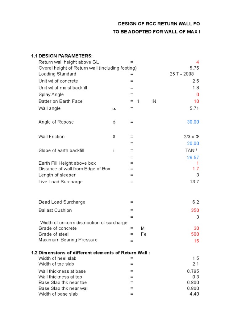 4.0 M RCC Return Wall | PDF | Force | Physical Quantities