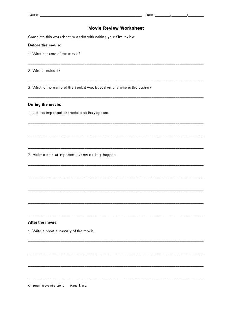 Movie Review Worksheet | PDF