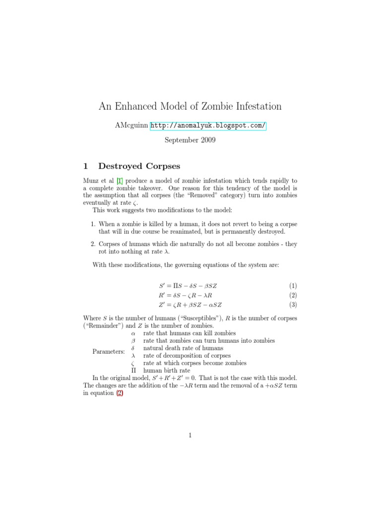 An Enhanced Model of Zombie Infestation: 1 Destroyed Corpses | PDF ...