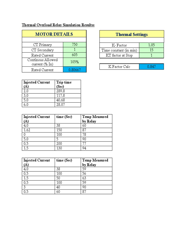 Motor Details Thermal Settings: Thermal Overload Relay Simulation ...