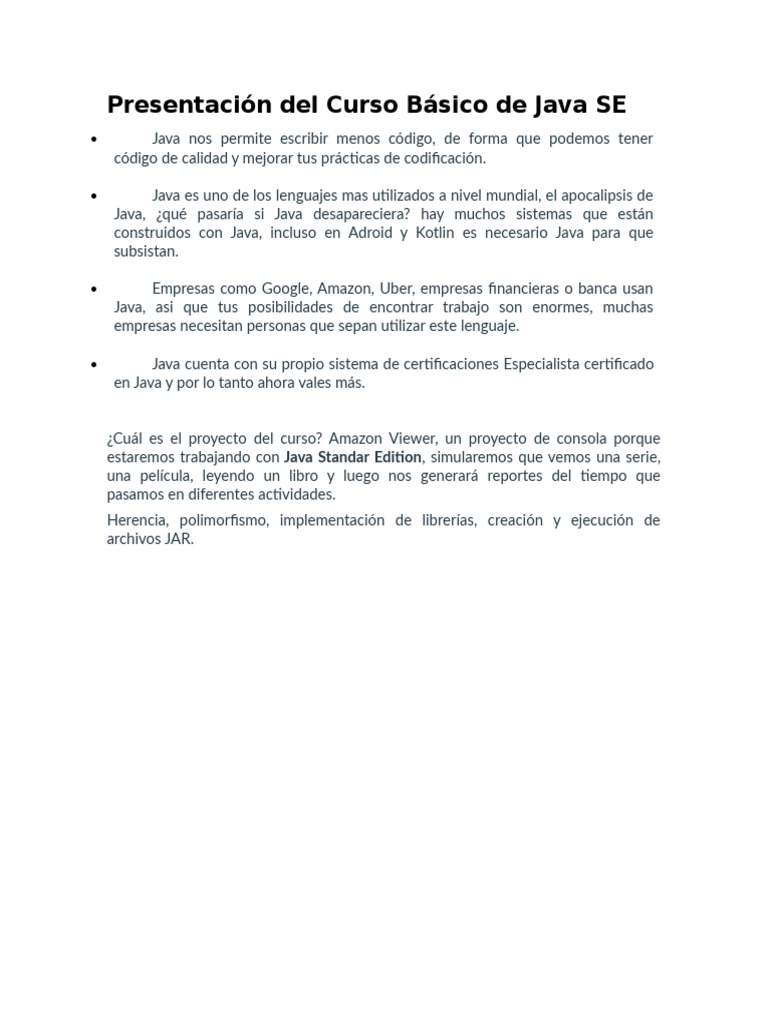 Presentacion Del Curso Basico de Java SE | PDF