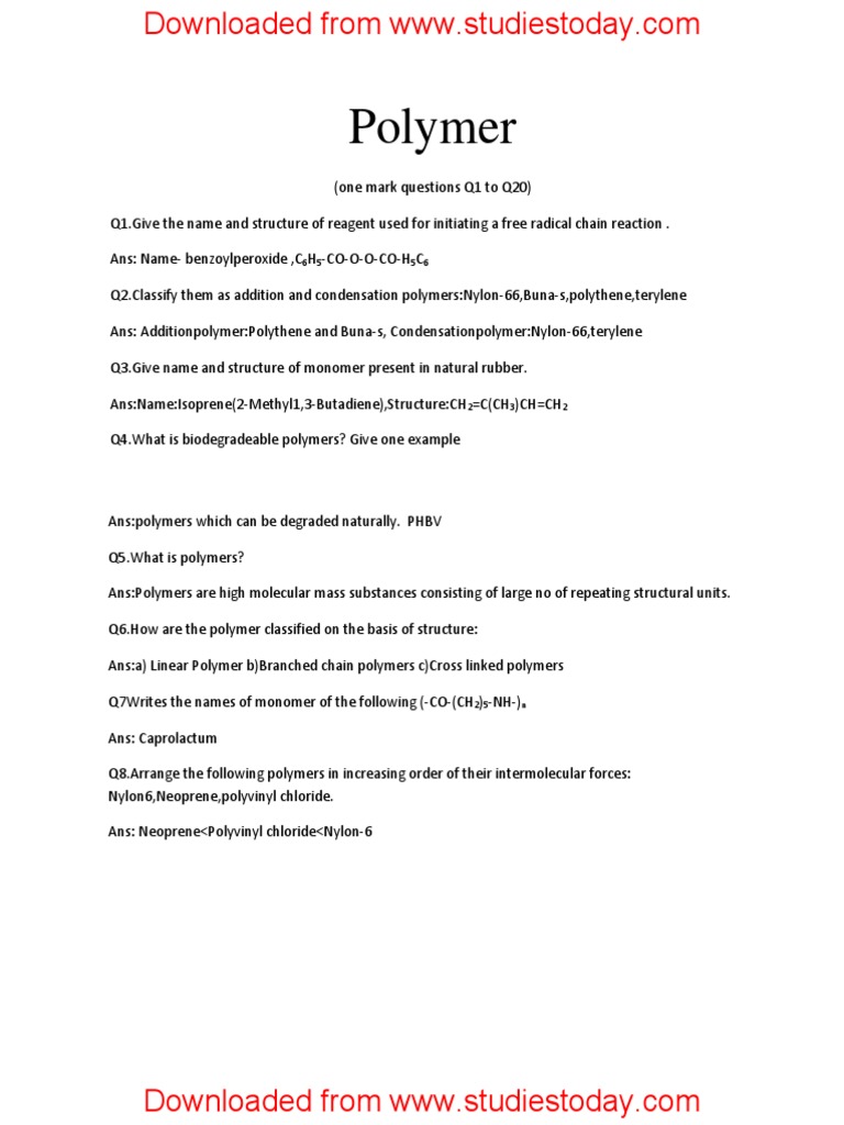 CBSE Class 12 Chemistry Polymer Questions Answers | PDF | Copolymer | Polymers