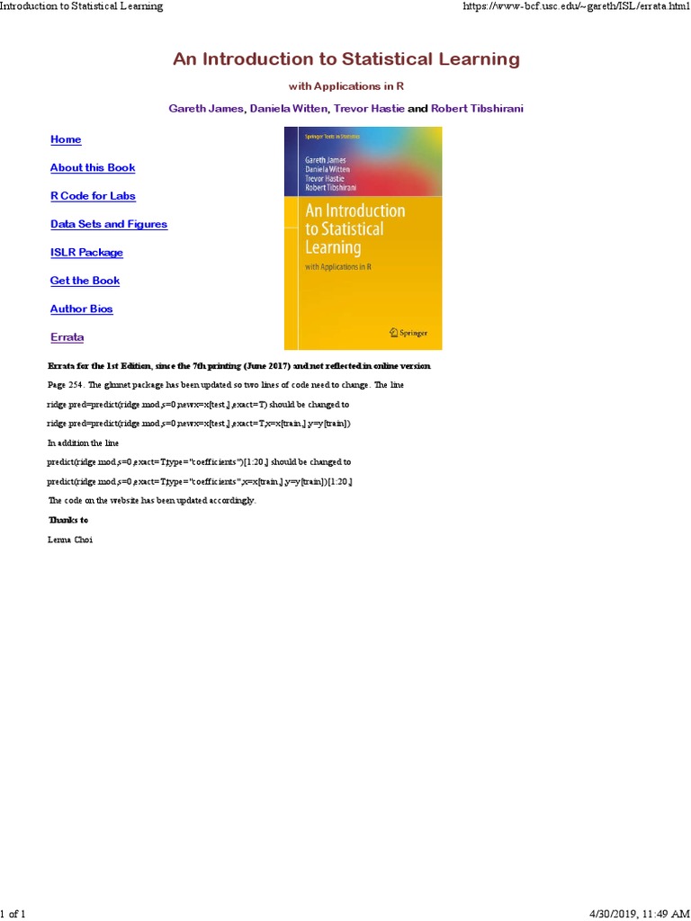 Errata - Introduction To Statistical Learning | PDF