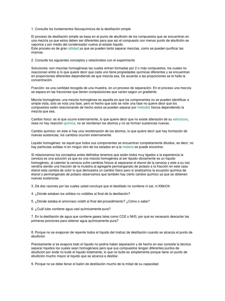 PREGUNTAS Lab Fisica 5 | PDF | Destilación | Mezcla