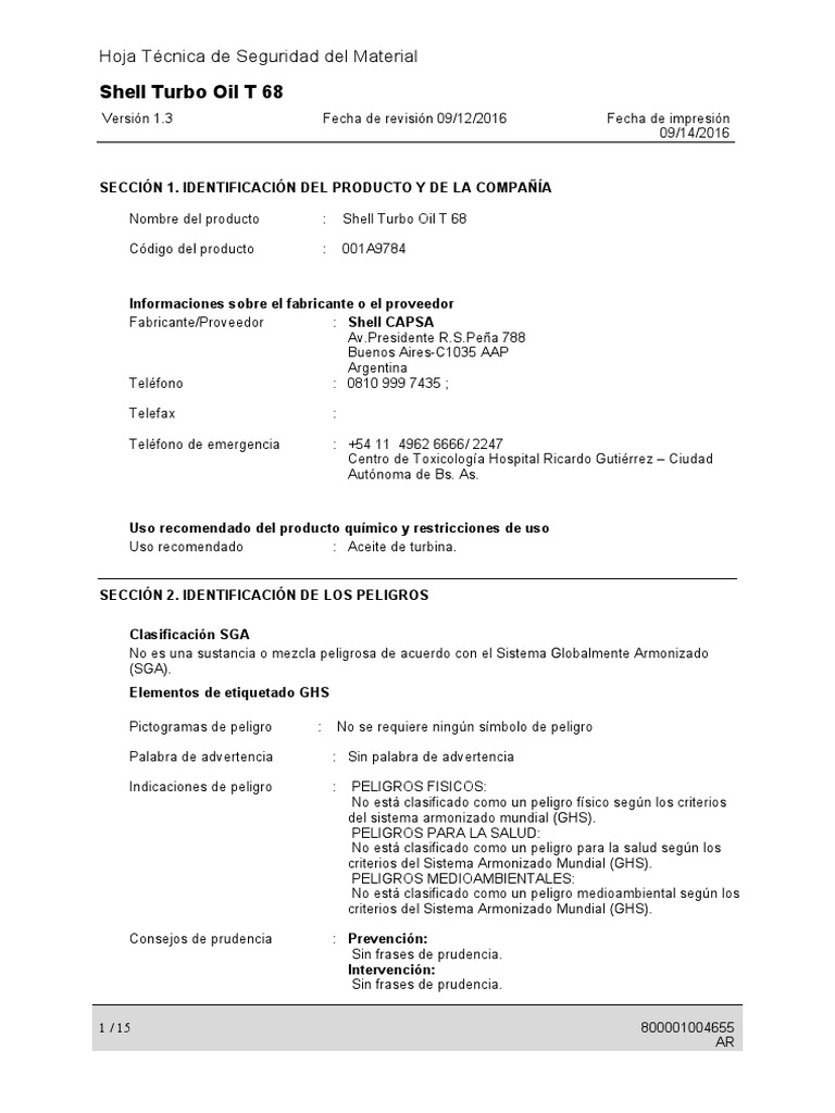 MSDS - Shell Tellus T 68 Arg | PDF | Guante | Toxicidad