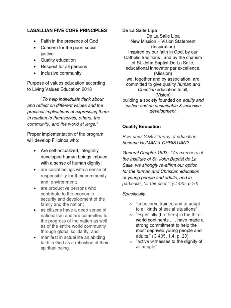 Lasallian Five Core Principles: de La Salle Lipa | Download Free PDF ...