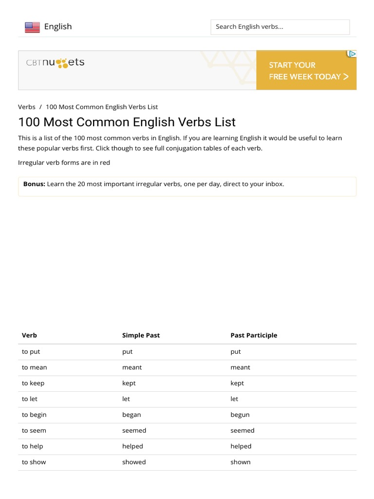 100 Most Common English Verbs List (Page 2) - Linguasorb PDF | PDF ...