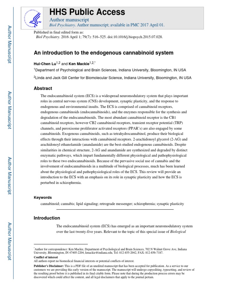 HHS Public Access: An Introduction To The Endogenous Cannabinoid System ...