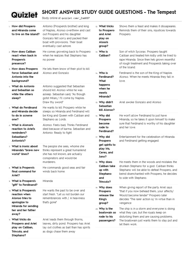 Short Answer Study Guide Questions - The Tempest | PDF | The Tempest ...