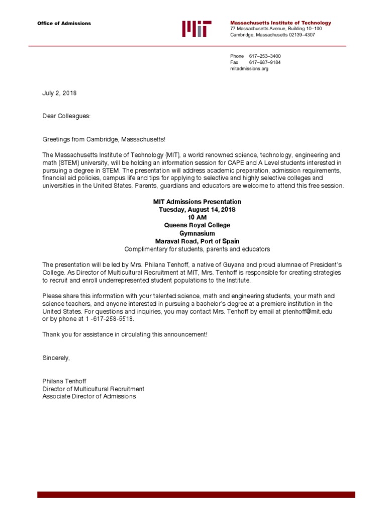 MIT Admissions Info Session Announcement | PDF