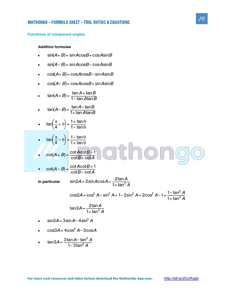 Mathongo - Formula Sheet - Trig. Ratios & Equations: B A B A B A B A B ...