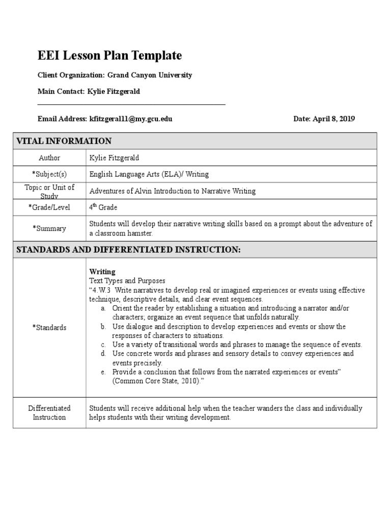 Elm 590 - Evaluation 3 Lesson Plan On Narrative Writing | PDF ...