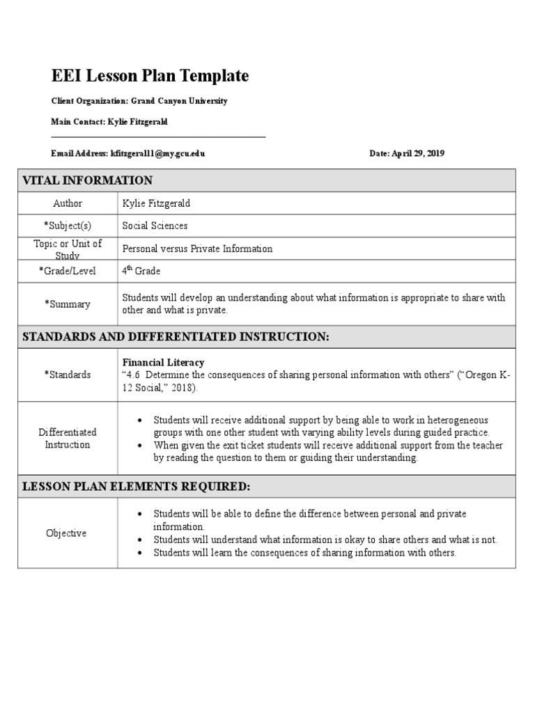 Elm 590 - Evaluation 4 Lesson Plan On Sharing Personal Information ...