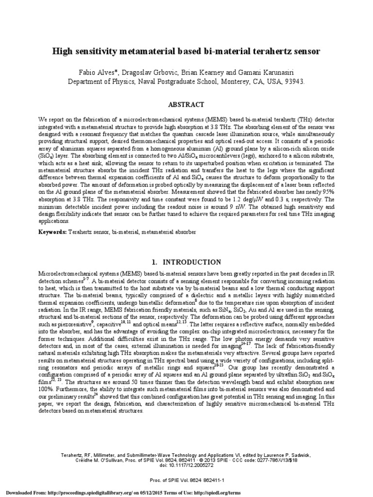High Sensitivity Metamaterial Based Bi-Material Terahertz Sensor | PDF | Terahertz Radiation ...