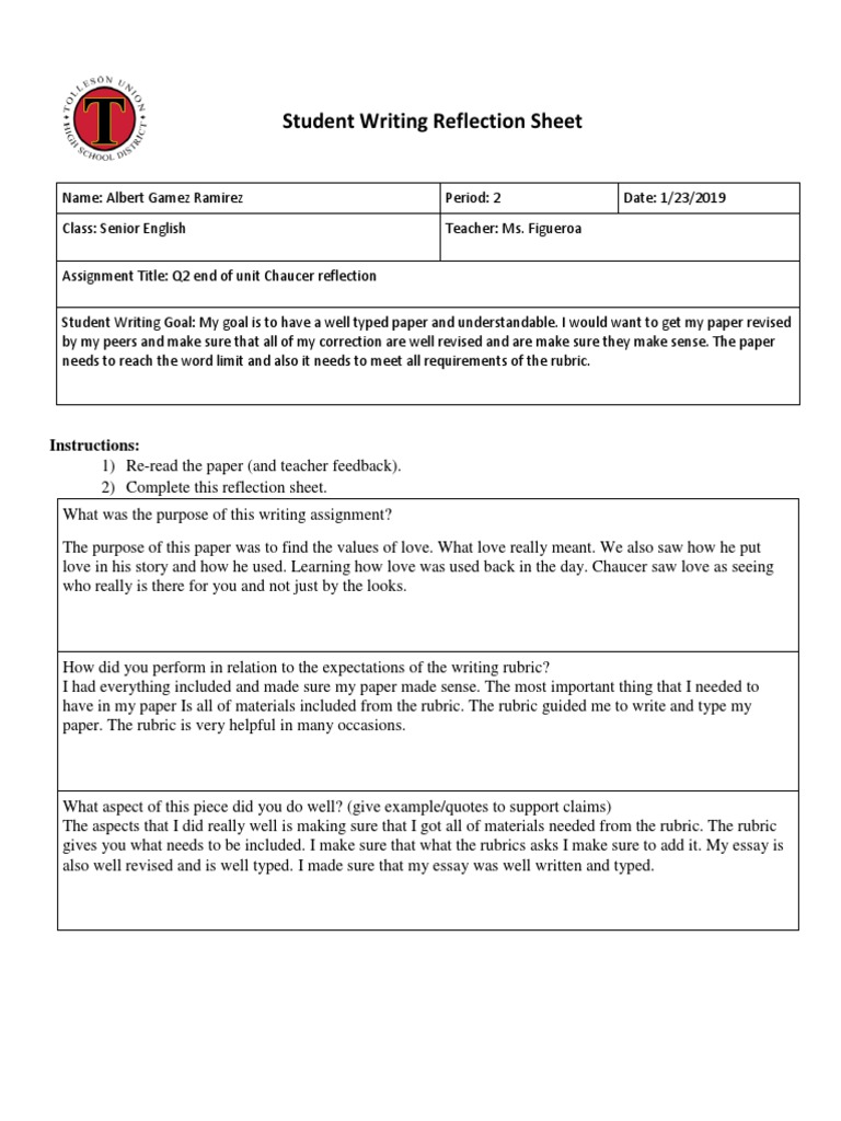 Senior Portfolio q2 End of Unit Reflection | PDF | Rubric (Academic) | Goal