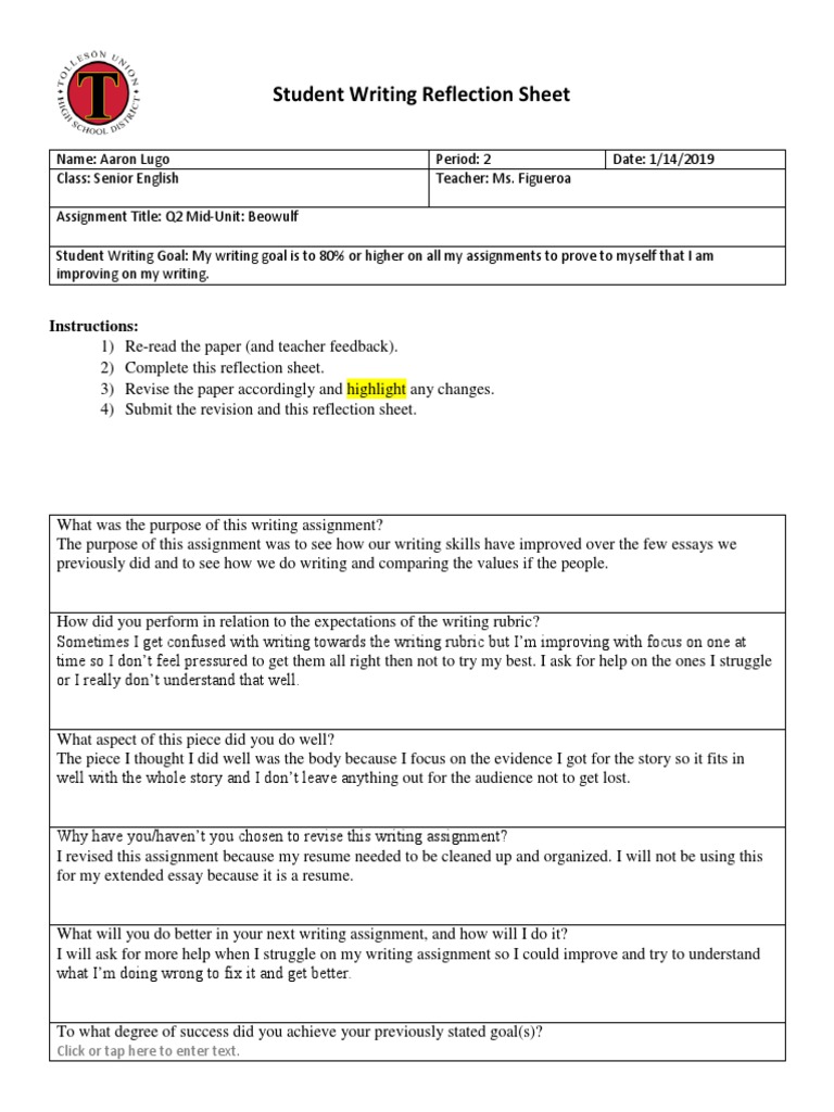 Student Reflection on Beowulf Assignment | PDF