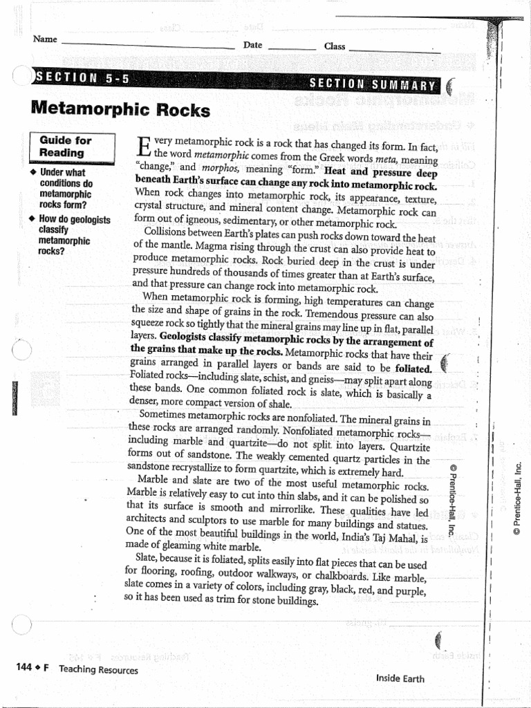 Metamorphic Rocks Worksheet | PDF