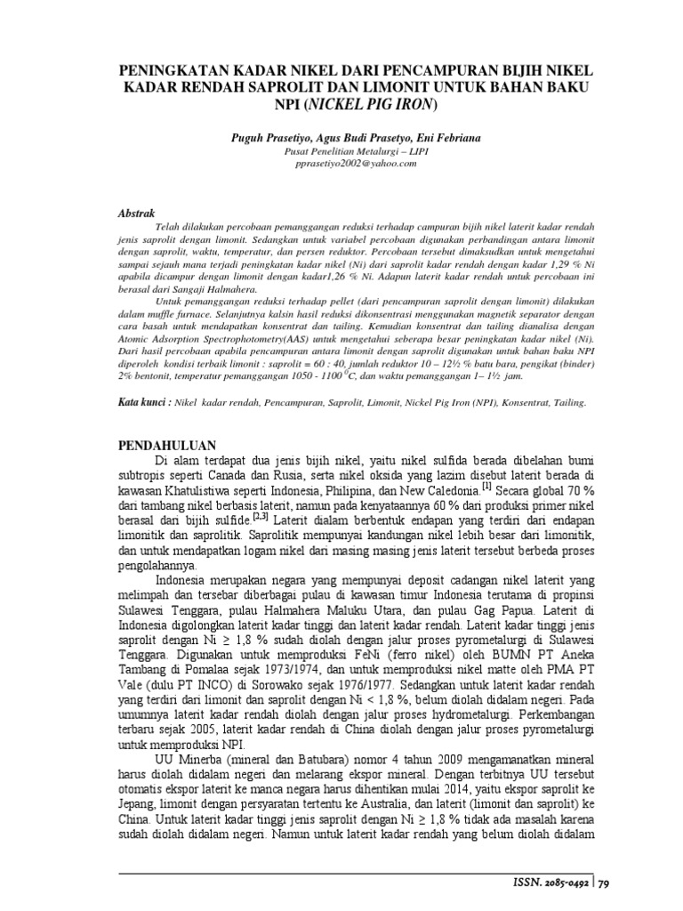 Peningkatan Kadar Nikel Dari Pencampuran Bijih Nikel Kadar Rendah
