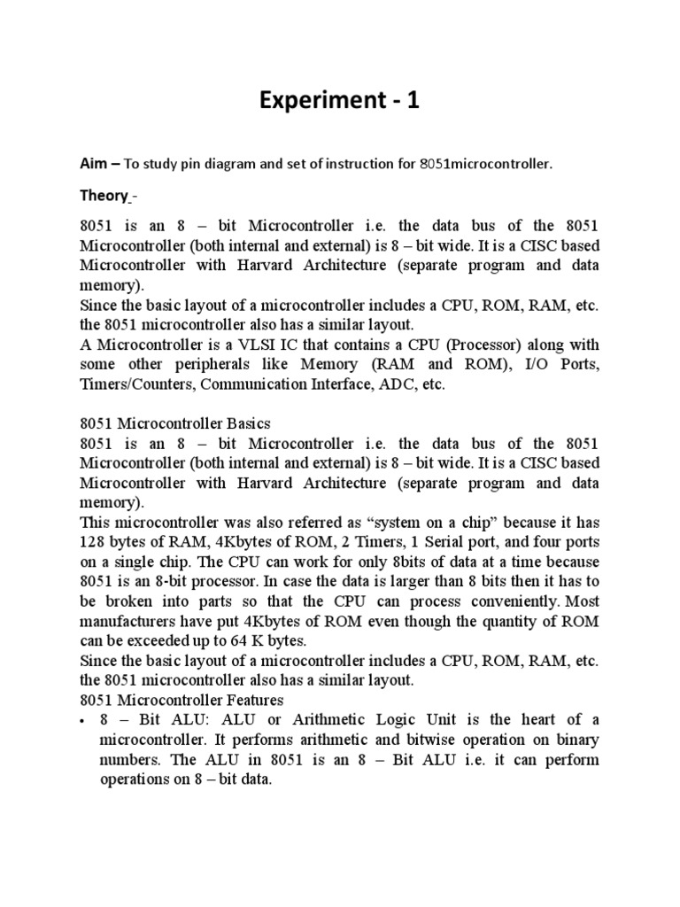 Experiment - 1: To Study Pin Diagram and Set of Instruction For ...