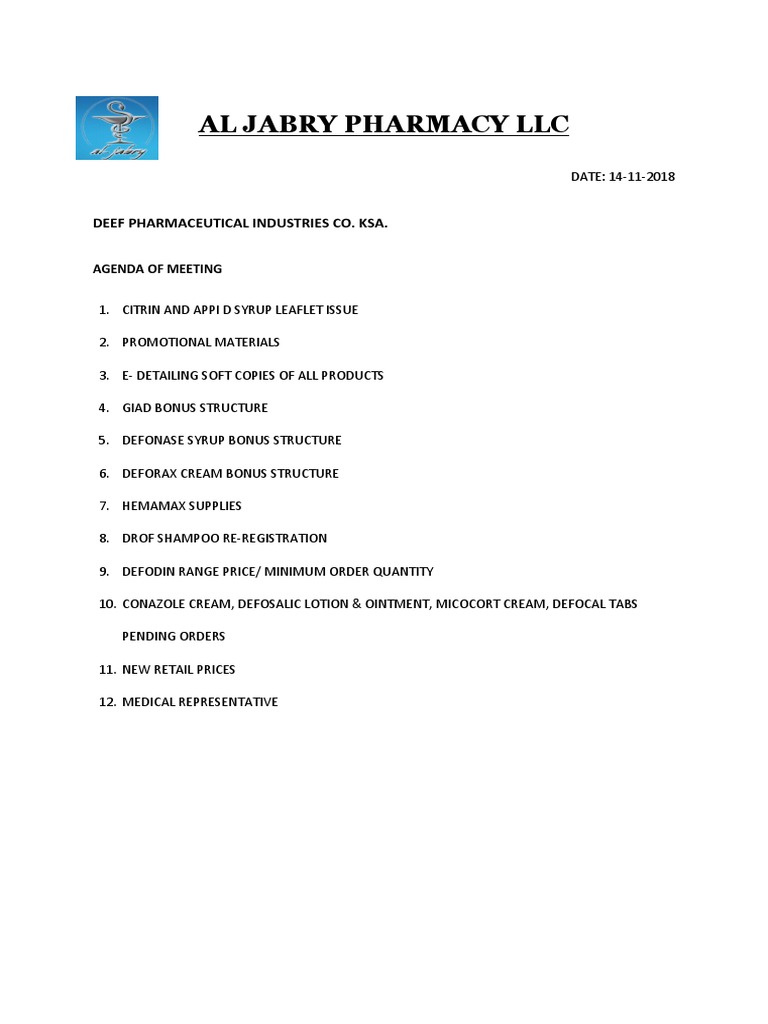 Pharmacy Meeting Agenda | PDF | Medicinal Chemistry | Pharmaceutical ...
