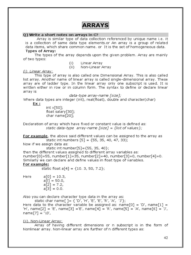 Arrays Q Write A Short Notes On Arrays In C Pdf String Computer Science Data Type 