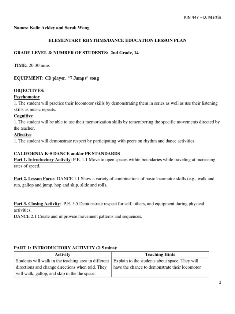 Rhythms Dance Lesson Plan | PDF | Physical Education | Neuropsychology