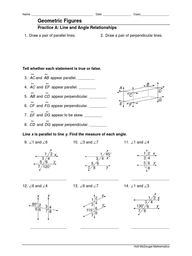 Geometric Figures: Practice A: Line and Angle Relationships | PDF