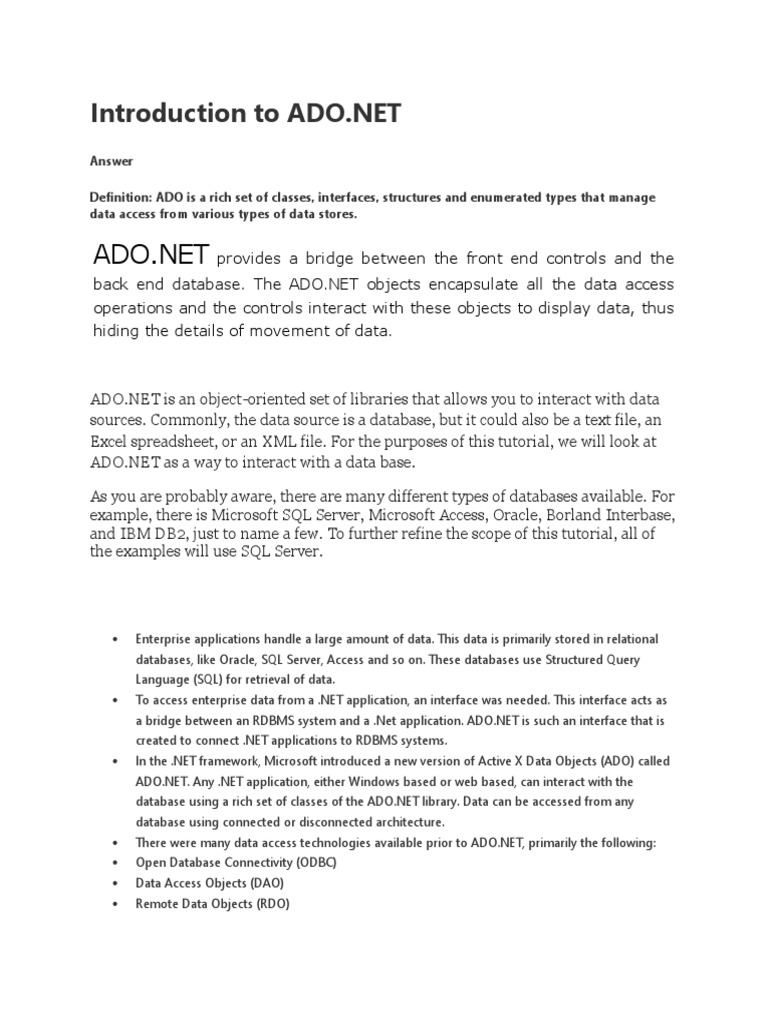 Answer Definition: ADO Is A Rich Set of Classes, Interfaces, Structures ...
