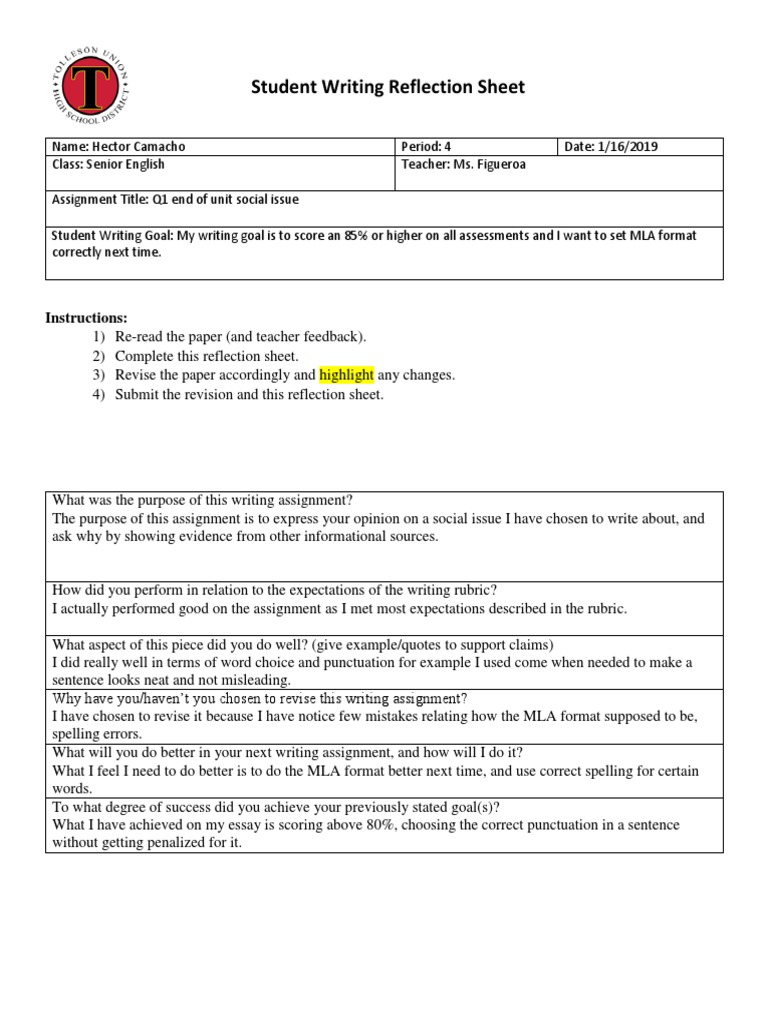 q1 End of Unit Reflection | PDF