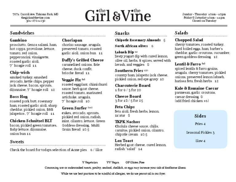 The Girl & the Vine Menu April 2019 | Pickling | Salad