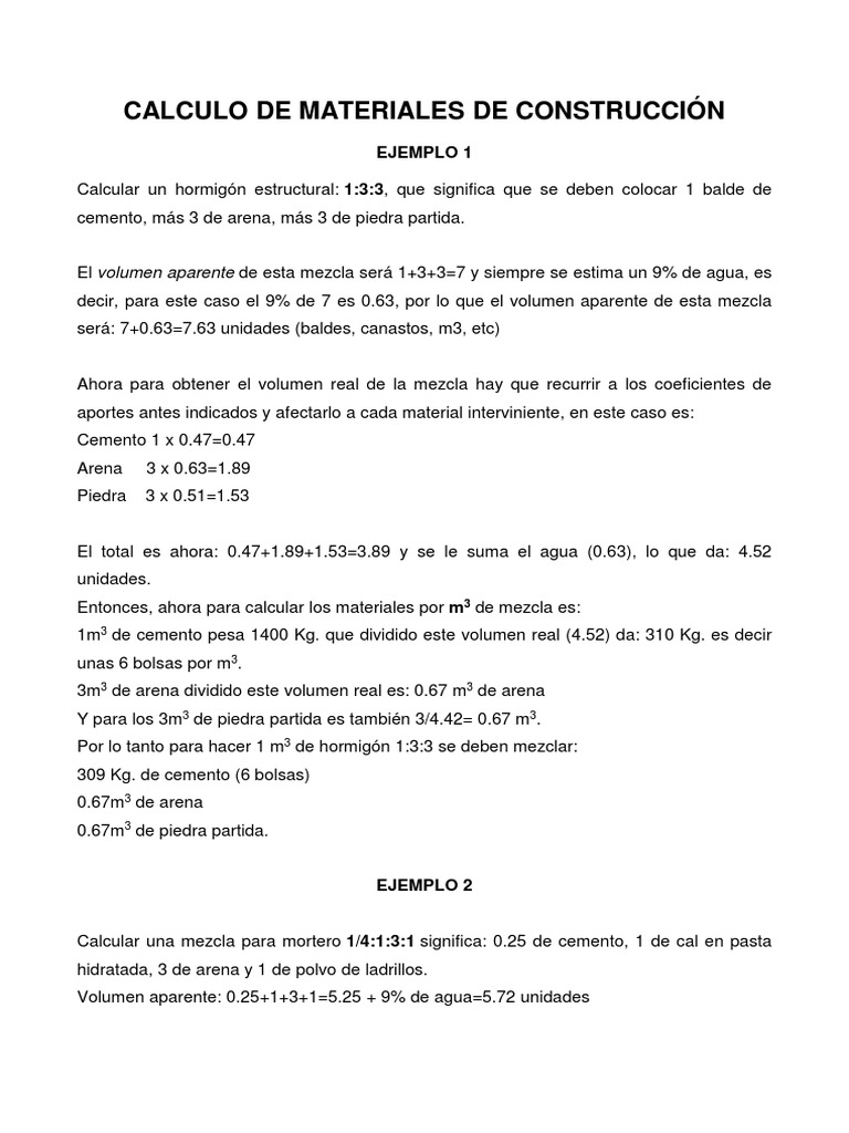 Calculo de Materiales de Construccion | Descargar gratis PDF | Hormigón ...