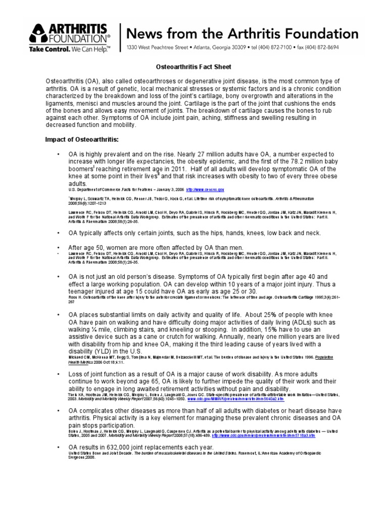 OA Fact Sheet | PDF | Osteoarthritis | Clinical Medicine