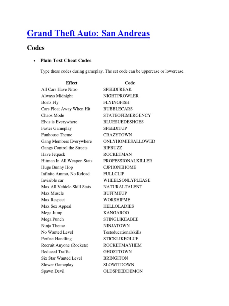 Grand Theft Auto: San Andreas: Codes | PDF | Leisure | Sports