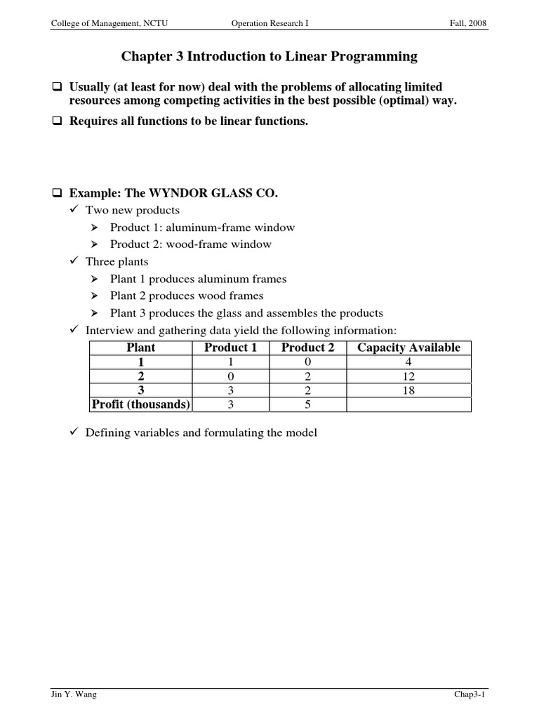 Chapter 3 Introduction To Linear Programming: Resources Among Competing ...
