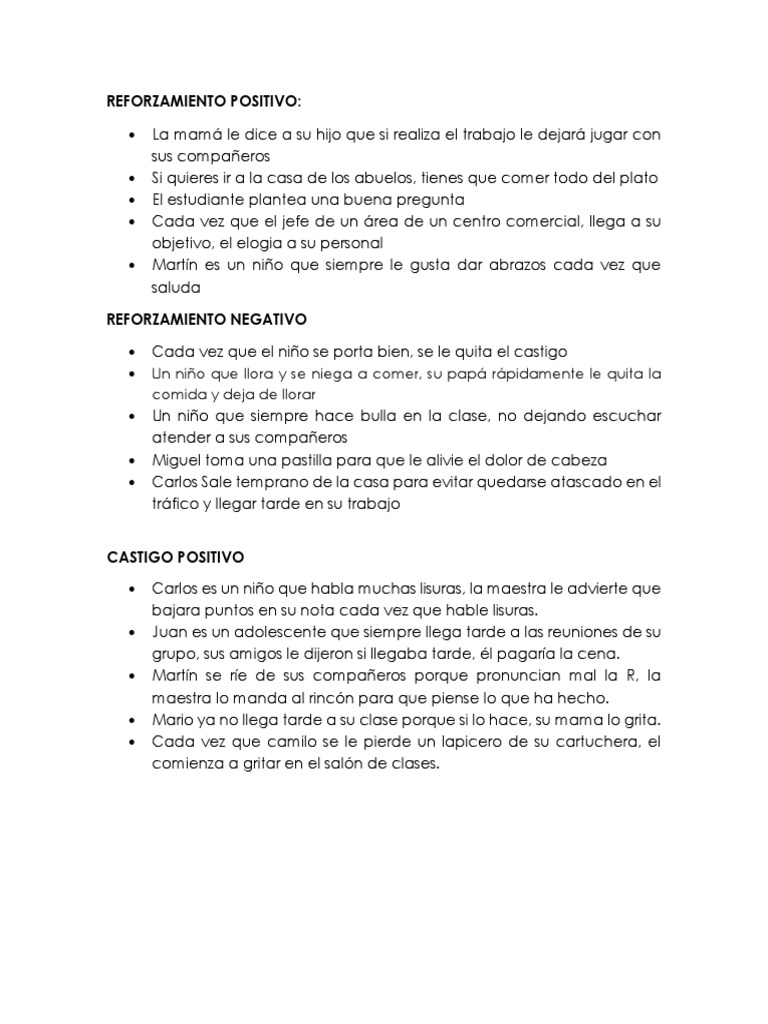 Ejemplos de Reforzadores, Castigo y Extinción | PDF