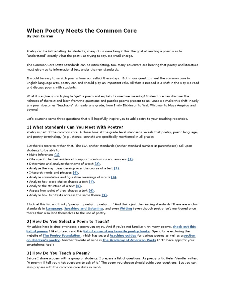 Integrating Poetry in Common Core Education | PDF | Poetry | Question