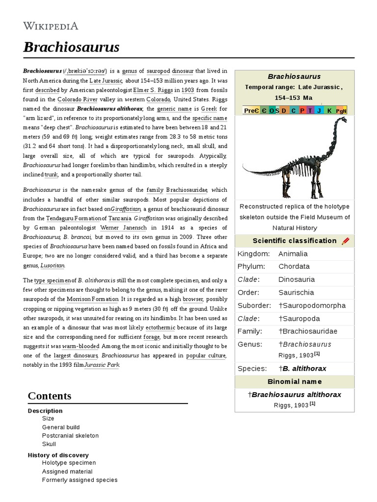 Brachiosaurus: Temporal Range: Late Jurassic, 154-153 Ma | PDF ...