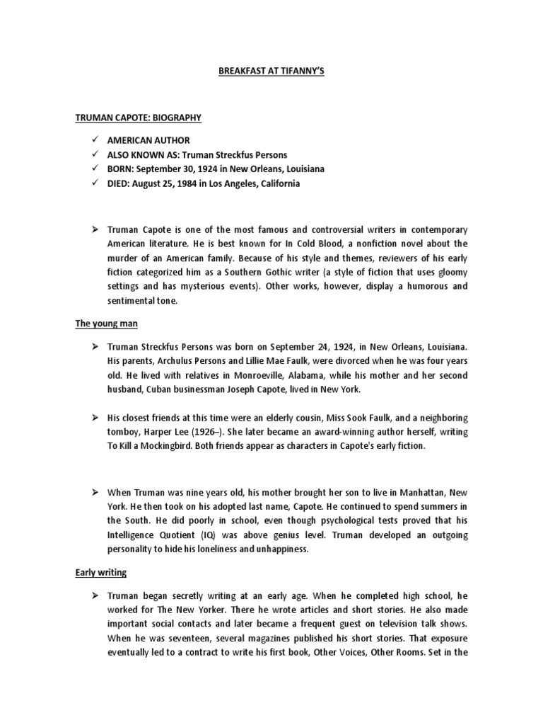 Breakfast at Tifanny - S Essay | PDF | Narration