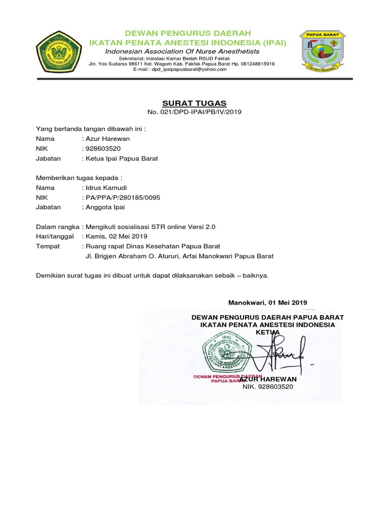 Surat Tugas DPD Ipai PB | PDF